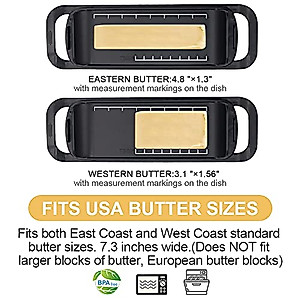 Butter Dish with Lid and Stainless Steel Knife, Light Butter Keeper, TBSP Cutting Measuring Lines Dishes, Easy Scoop, No Mess Lids, Perfect for East West Coast Butter (Black)
