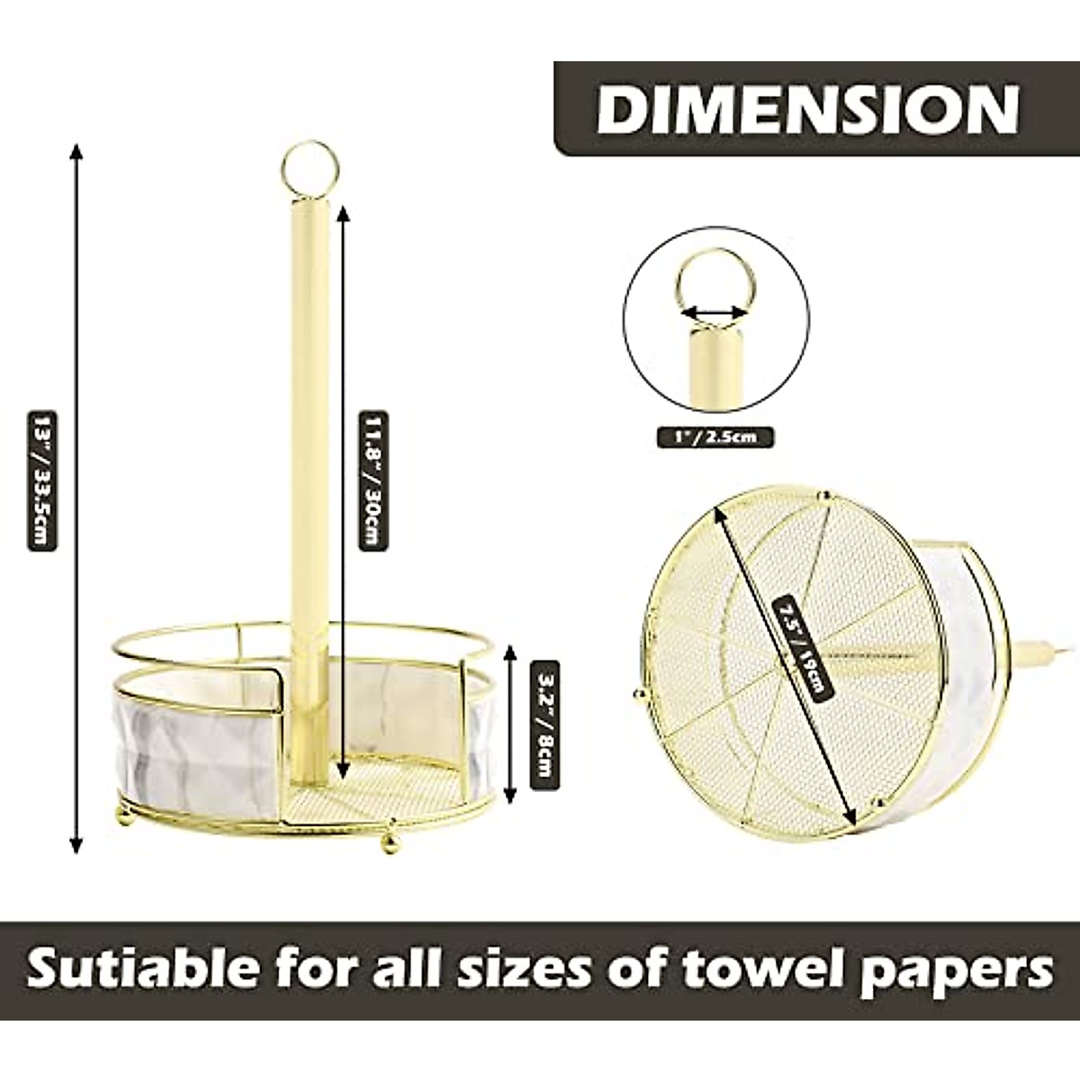 Koluti Paper Towel Holder Countertop, Farmhouse Kitchen Paper Roll Stand, Rustic Gold Metal Paper Towel Rack Organizer Storage for Dining Table, with Courtyard Fence, Marble Print Silicone Finish