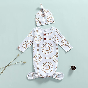 Tsseiatte Newborn Baby Boy Girl Knotted Gowns Long Sleeve Printed Sleeping Bag Coming Home Outfit Nightgown Pajamas Hat Set (C-Sun print white, 0-3 Months)