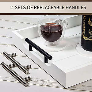 SXNOWS White Wooden Coffee Table Tray - Large Ottoman Tray for Living Room - White Wooden Serving Tray with Handles(2 Sets) - Wooden Serving Tray for Ottoman, 4 Round Coasters Included