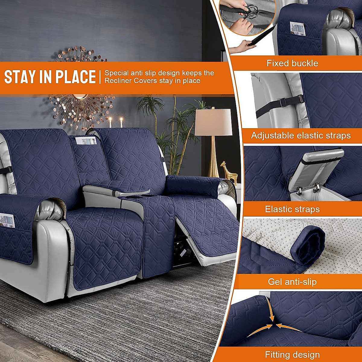 VANSOFY Loveseat Recliner Cover with Console 100% Waterproof Sofa Slipcovers Non-Slip Reclining Couch Cover Split Sofa Covers Furniture Protector for Pets, Dogs(Dark Blue)