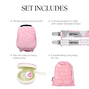 Dodo Babies Nursing Cover Set – Soft, Multipurpose Stretch Scarf for Breastfeeding and Car Seat Cover, Two Universal Pacifier Holders, Binky Case, Storage Bag – Playful Pink Print for Baby Girl