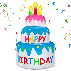 4 Ft Inflatable Happy Birthday Cake Decorations Outdoor Lighted Blow Up Holiday Birthday Party Decor with Candles 6 LED Lights for Indoor Home Celebration Garden Lawn Yard Prop Sign