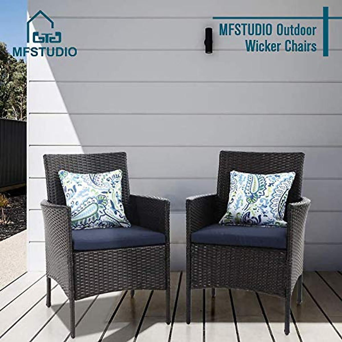 MFSTUDIO Patio PE Rattan Chairs Set of 2, Outdoor Patio Wicker Chairs - Metal Frame, Waterproof Cushions and Removable Covers, 350lbs