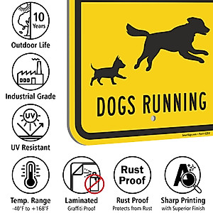 SmartSign 18 x 12 inch “Slow Down - Dogs Running” Metal Sign with Symbols, 63 mil Laminated Rustproof Aluminum, Black and Yellow, Made in USA