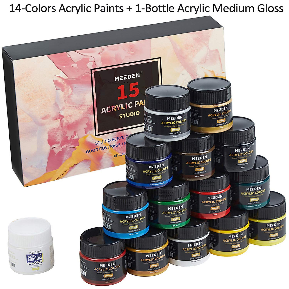 MEEDEN Acrylic Painting Set, Acrylic Paint Set with French Easel, 15x100ML Acrylic Paints, Paintbrushes, Stretched Canvases, Acrylic Painting Supplies,Easel Sets for Painting for Adults