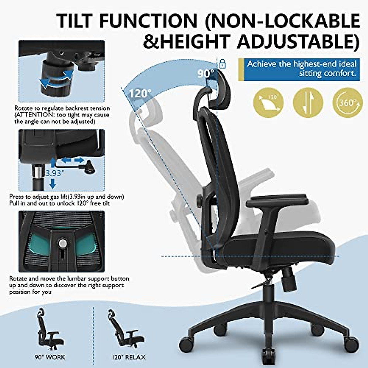 Primy Ergonomic Office Chair,High Back Desk Chair with Adjustable Headrest with 2D Arms,Lumbar Support and PU Wheels,Big and Tall Office Chair for Home and Office,Tilt Function Computer Chair (18-H)