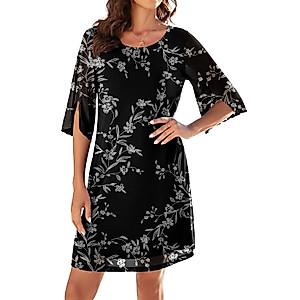 Actcat Women's Casual Loose 3/4 Sleeve A-Line Shift Wedding Guest Dresses Floral,Flower White Black,Medium