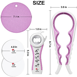 Jar Opener Set for Weak Hands - Jar Opener for Seniors with Arthritis, and 5 in 1 Bottle Opener, With 3 PCS Multi-Function Non Slip Rubber Jar Opener Gripper Pad Of Different Size in White and Purple