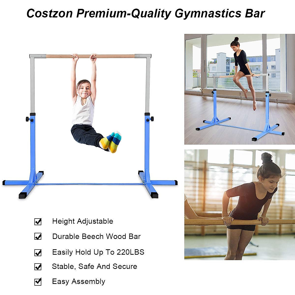 LHONE Exercises Gymnastics Training Bar,Adjustable Horizontal Junior Training Kip Bars,Gymnasts 1-4 Levels Practice Bar for Gymnast Beginner Home (Blue)