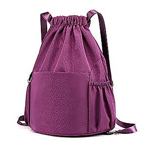 CALACH Drawstring Backpack Sports Gym Bag Yoga Travel Sackpack for Women Men Waterproof Nylon Gym Sack DayPack with Multi Pockets (Purple2)