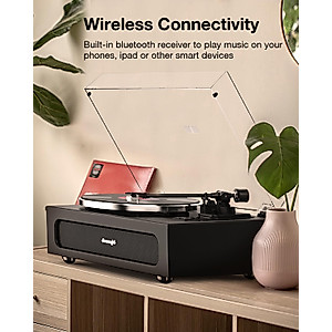 Record Player High Fidelity Turntable for Vinyl Records Built-in 4 Stereo Speakers All-in-One Vinyl Player Belt Drive Turn table with MM Cartridge ATN-3600L Stylus 33 45 Speed Bluetooth Classic Black