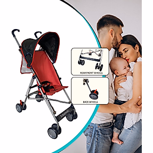 AmorosO Single Umbrella Stroller for Toddler, Travel Stroller for Babies - Sunlight and Light Rain Protection - Baby Stroller with Four EVA Wheels - Travel-Ready Stroller - Round Canopy (Red/Black)