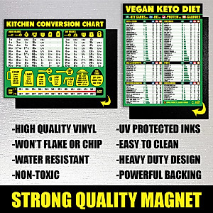 Kitchen Conversion Chart and Vegan Keto Diet Cheat Sheet Magnet Combination Bundle - Extra Large Easy to Read Reference Guides for Vegan Keto Dieting and Baking & Recipe Unit Conversions