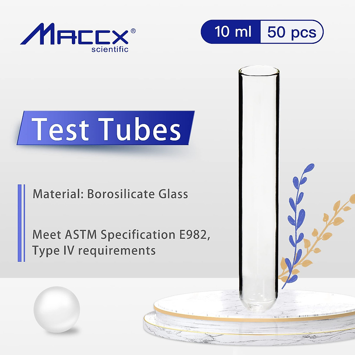 Maccx 10ml Sturdy Glass Test Tubes, 16x100mm, Pack of 50, Borosilicate Glass Material, TTG016-050