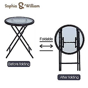 Sophia & William Patio Folding Side Table Round Outdoor End Table Set of 2 Small Portable Bistro Coffee Table with Tempered Glass Top w/Rattan Edge and Metal Frame for Outdoor and Indoor