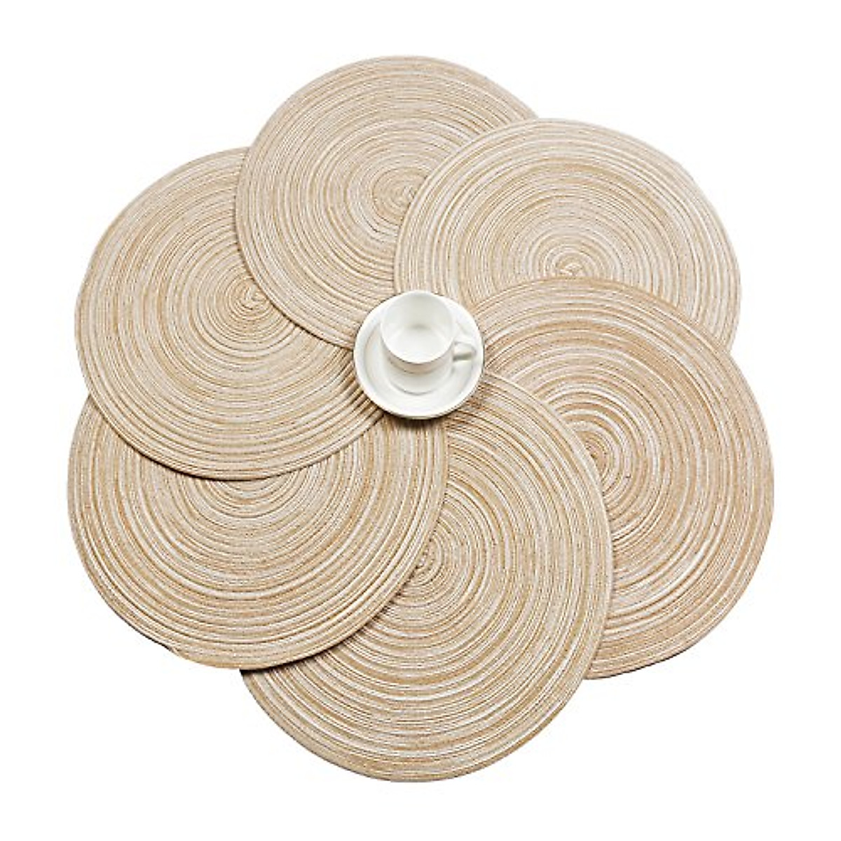 SHACOS Round Braided Placemats Set of 6 Washable 15 inch Round Placemats Kitchen Table Place Mats Round Table Mats (Beige, 6)