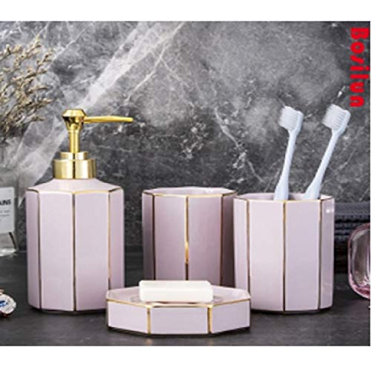 WPM WORLD PRODUCTS MART 4 Piece Ceramic Bathroom Accessories Set - Blush Rose Pink Gold - Complete Bath Decor Kit Includes Designer Soap and Lotion Dispenser - Cup - Tumbler - Soap Dish (DESIGN2)