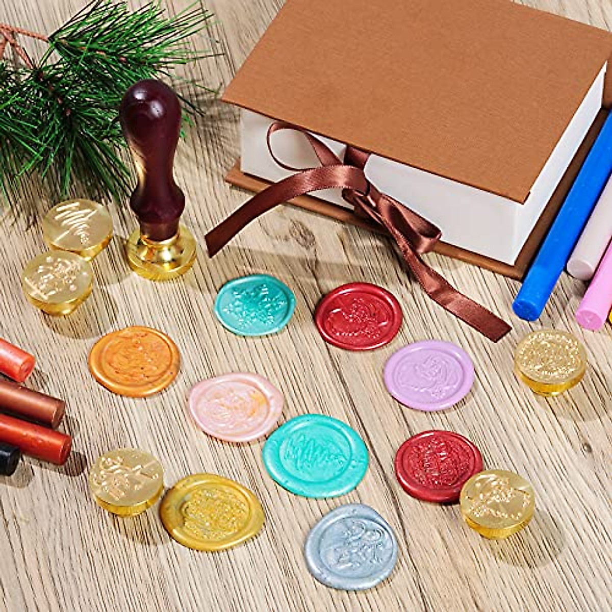 Christmas Wax Seal Stamp Set - 6 Pcs Brass Head with Wooden Hilt - Merry Christmas Santa Vintage Envelope Wax Copper Seal Stamp Kit with Gift Box for Holiday Wedding Invitations Postcards Scrapbook