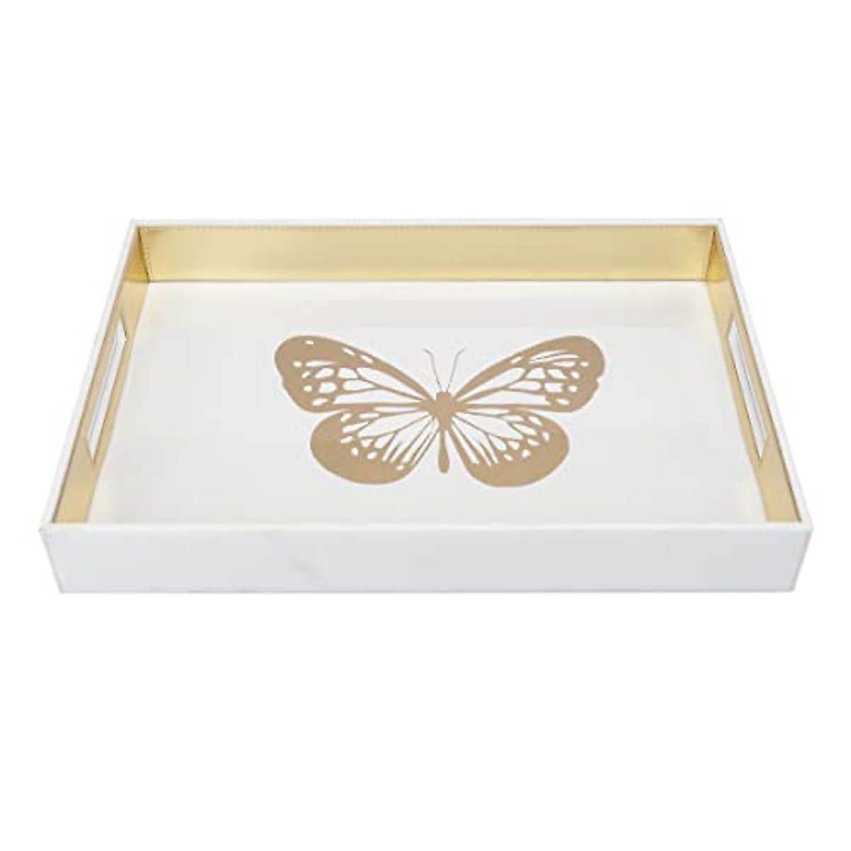 Zvasti Faux Leather Butterfly Printed Tray. White Faux Leather Trays for Coffee Table. Rectangle Tray with Handles