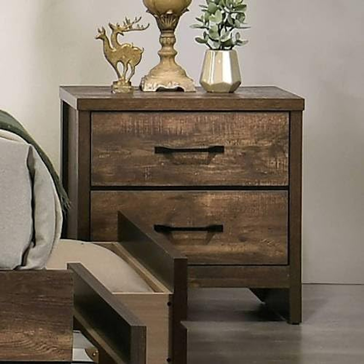 Modern Country Style nightstand Light Walnut Color Solid Wood Veneer Black bar pulls Bedroom Furniture
