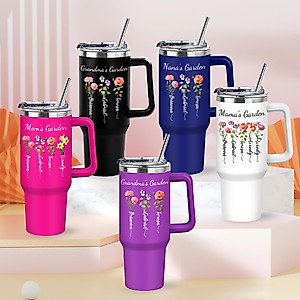 BMYDIY Mothers Day Birthday Gift for Mom Grandma, Personalized 40 Oz Tumbler with Handle and Straw, Customizable Extra Large Stainless Steel Insulated Cup Coffee Mug Travel Mug with Name Birth Flower