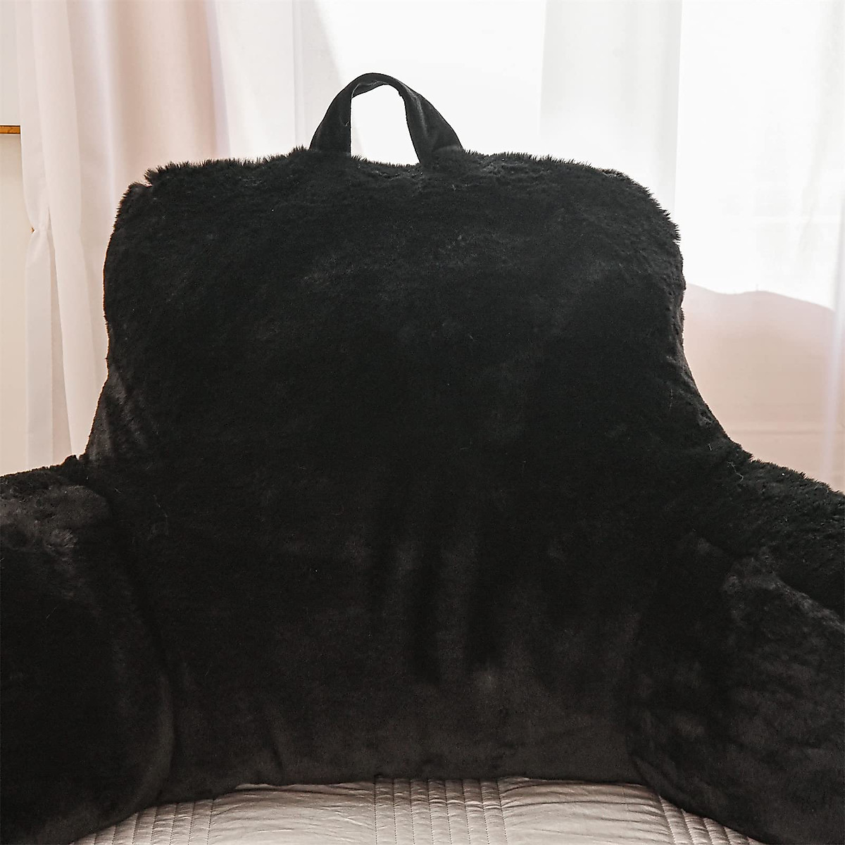 A Nice Night Faux Fur Reading Pillow Bed Wedge Large Adult Children Backrest with Arms Back Support for Sitting Up in Bed/Couch for Bedrest,Black