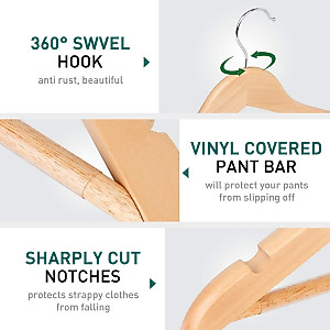FSUTEG Coat Hangers 20 Pack Wooden Suit Hanger Wooden Hangers Premium Lotus Wood with Notches & Chrome Swivel Hook and Non Slip Pants Bar for Dress Clothes, Coats, Jackets, Pants, Shirts, Skirts
