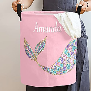 Mermaid Pink Large Storage Basket Personalized Laundry Hamper with Name Bathroom Home Decor Collapsible Round Storage Bin Boxes Clothing for Gift