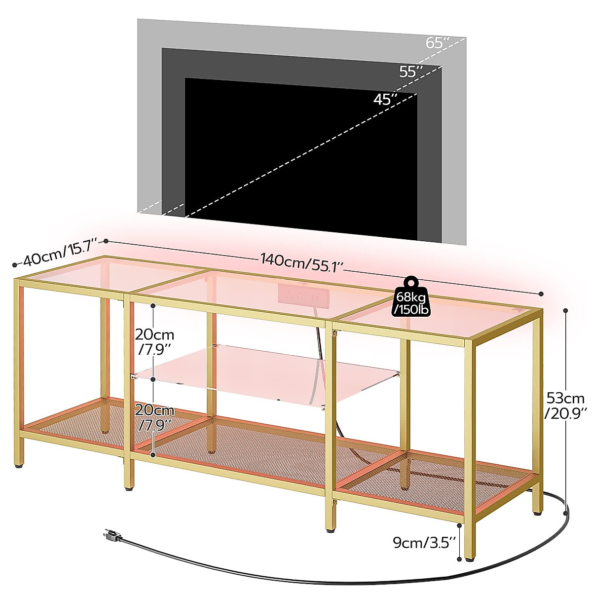 HOOBRO TV Stand with LED Lights and Power Outlets for TVs up to 65", Modern 55 Inch Tempered Glass TV Console Table with Open Shelves, Media Entertainment Center for Living Room, Gold GD145UDS01