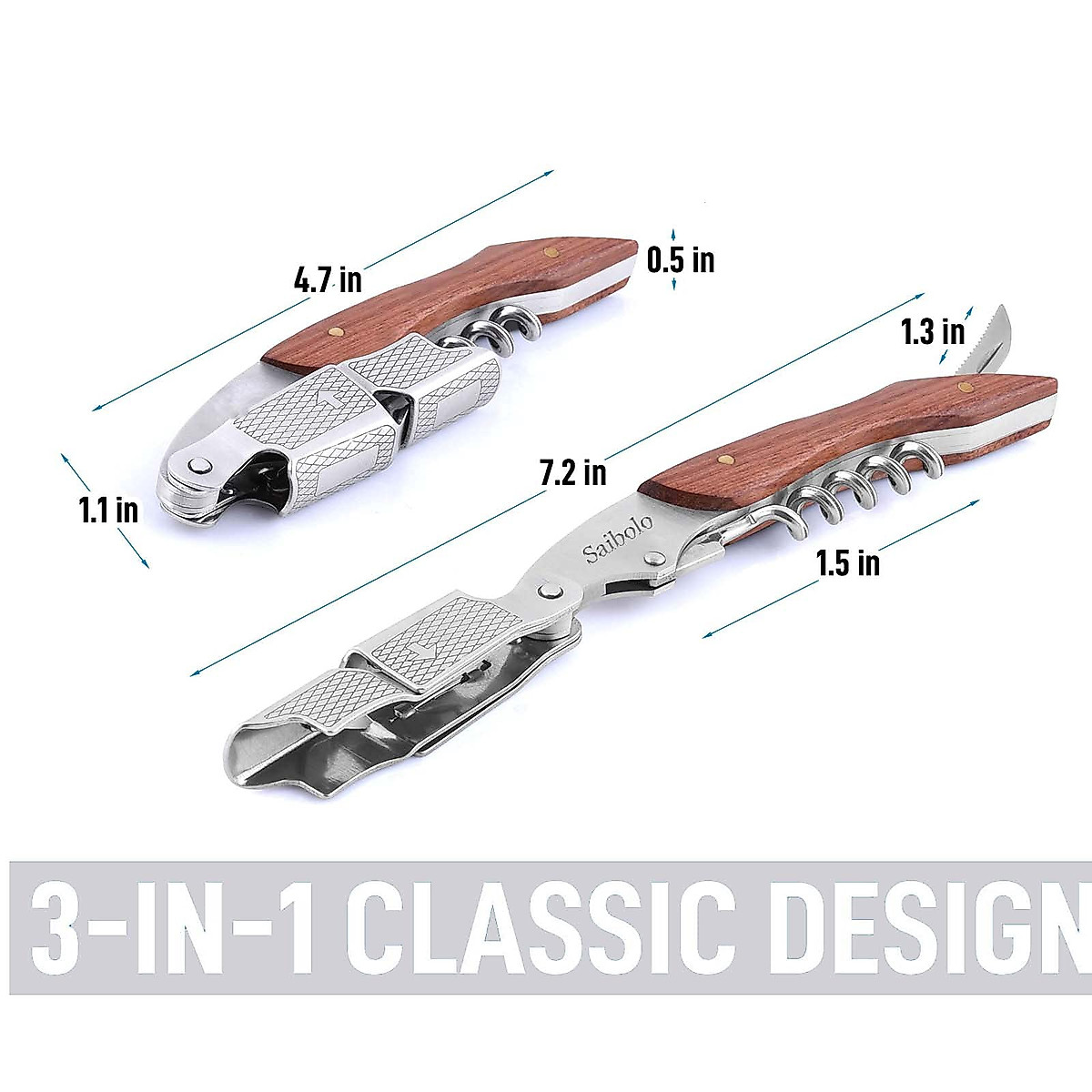 Saibolo wine corkscrew, multifunctional Stainless steel wine beer corkscrew, leather protection gift bag, used by sommeliers, waiters and bartenders and wine hobbyists all over the world