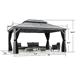 PURPLE LEAF 12' x 16' Hardtop Aluminum Gazebo with Double Metal Roof Heavy Duty Permanent Gazebo for Patio Deck Lawn Garden All Weather Outdoor Pavilion Gazebo, Light Grey