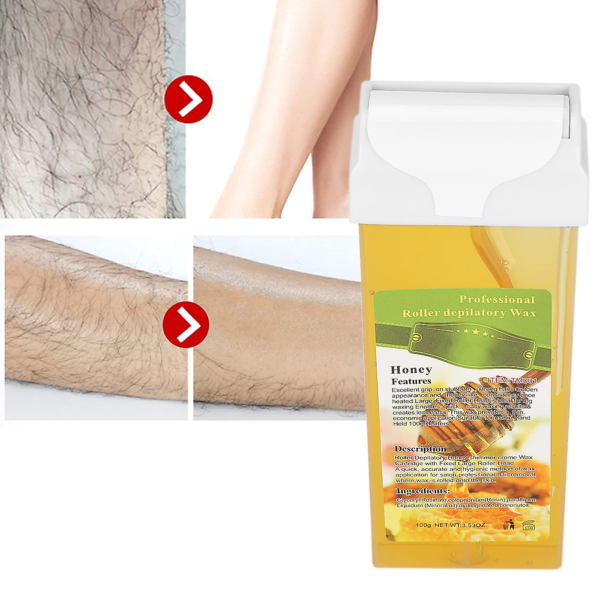 Roll-on Wax Cartridge Hair Removal Wax Roller Depilatory Wax for Professional Salons and Home Self Waxing 100g (Honey)