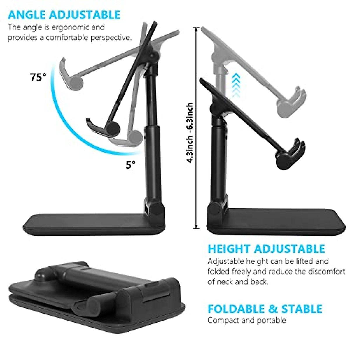 Cell Phone Stand, Folding Desktop Phone Stand, Angle Height Adjustable Mobile Phone Holder for Desk, Office, Tablet Stand Compatible with All iPhone, iPad, Samsung, 4-10’’ Cellphone & Tablet (Black)