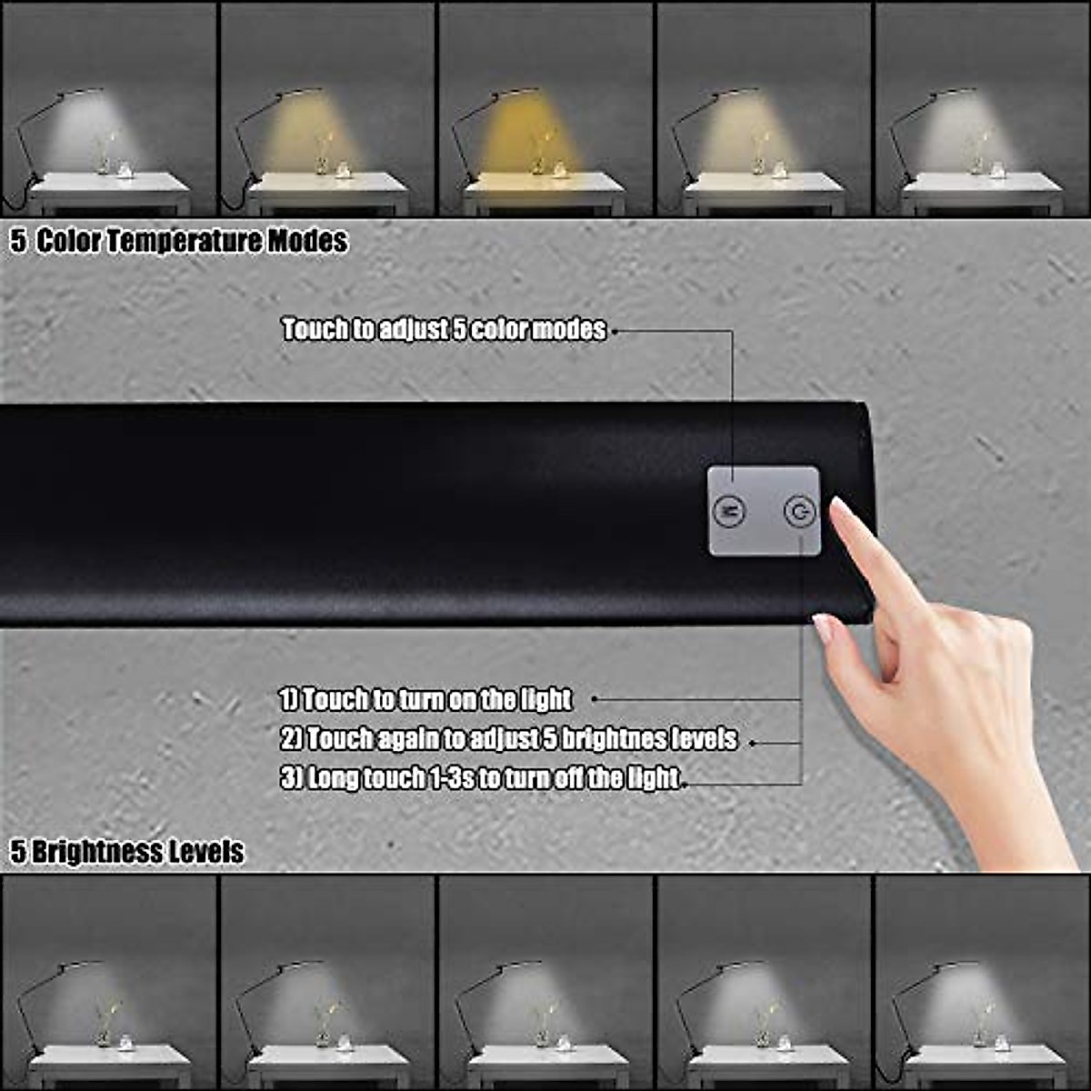 Amzrozky Drafting Table Lamp,Metal Architect LED Desk Lamp, Swing Arm Task Lamp with Clamp,Eye-Care Dimmable Office Light with 5 Color 5 Brightness,Touch Control,Memory Function,Black