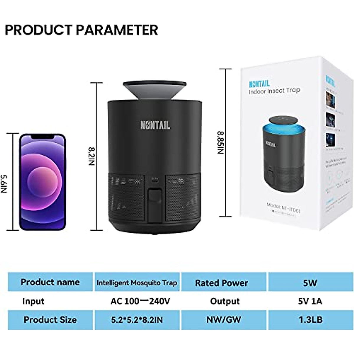 Mosquito Trap NONTAIL Fruit Fly Traps for Indoors,Catcher & Killer for Gnat, Moth, Flies, Non-Zapper Insect Traps with UV Light Fan & Sticky Glue