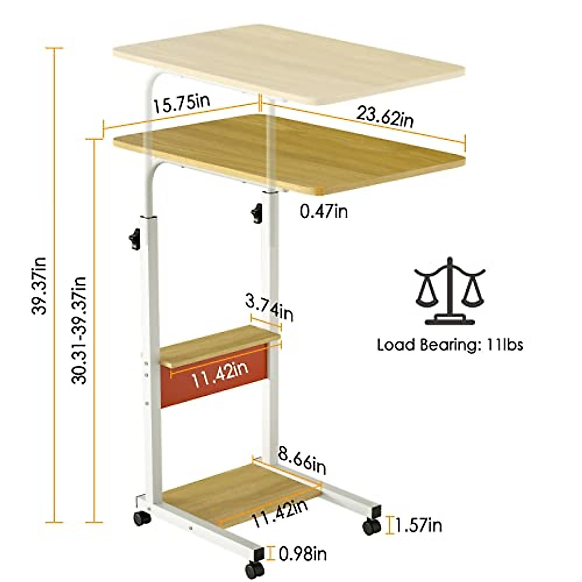 TeqHome C Shaped End Table, Height Adjustable C Side Table with Metal Frame, 4 Wheels and Storage Shelves, Rustic Snack TV Tray Table for Couch, Bed, Sofa, Living Room, Bedroom (Wood Color)