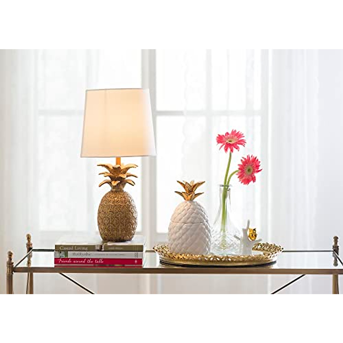 Creative Co-Op Resin Pineapple Table Lamp with Linen Shade, Distressed Gold
