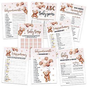 Sinasasspel 302pcs Teddy Bear Baby Shower Game Set of 6 Activities for 50 Guests Gender Neutral Includes Baby ABC, Bingo, Word Scramble, Baby Prediction and More, Each 5x7 Inches
