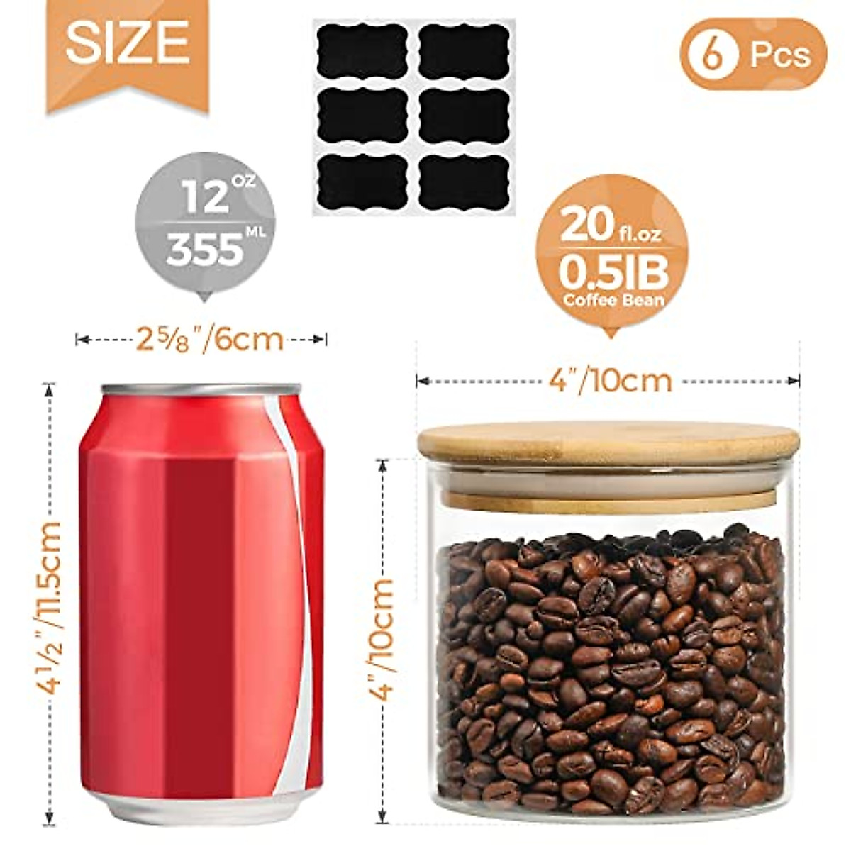 ComSaf 20 oz Glass Food Storage Jars Set of 6, Clear Storage Containers with Airtight Bamboo Lid, Pantry Organization Jar, Spice, Blooming Tea, Coffee and Sugar Container, Canister Set for Kitchen