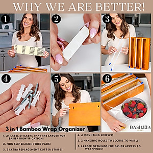 BASILEIA 3 in 1 Plastic Wrap Dispenser with Cutter - Bamboo Foil Organizer with 2 Extra Cutters & 24 Label for Cling Wrap, Aluminum Foil, Wax & Parchment Paper-Rolls up to 12"