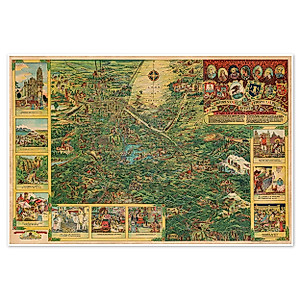 Antiguos Maps Valley of Mexico, Mexico City Pictoral Map c. 1930 - Mapa Pintoresco del Distrito Federal Yalre Dedores - measures 24 inches x 36 inches (610 mm x 915 mm)