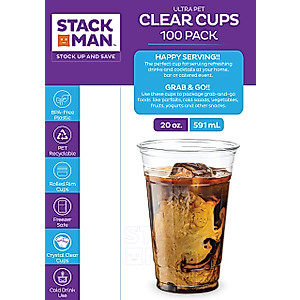 Stack Man [100 Pack - 24 oz.] Clear Disposable Plastic Cups PET Crystal Clear Disposable 24oz Plastic Cups