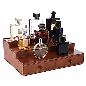 Boulphia Cologne Organizer for Men, Wooden Perfume Organizer for Dresser, Perfume Holder Cologne Stand with 3 Tier Display Shelf, Drawer and Hidden Compartment for Storing Perfumes and Accessories