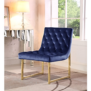 Iconic Home Moriah Accent Chair Sleek Elegant Tufted Velvet Upholstery Plush Cushion Brass Finished Polished Metal Frame, Contemporary Modern, Navy