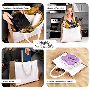 Custom Burlap Tote Bag - White - 6 Large Eco Friendly Burlap Bags for Shopping, Beach Day, or Parties - Natural Jute Tote Bag with Waterproof Lining - Bachelorette Bags - 15 x 11 x 7.5 in