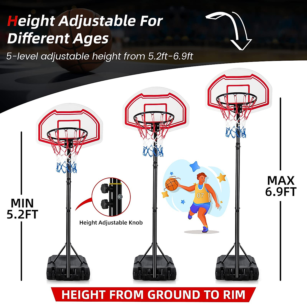 GYMAX Basketball Hoop, Outdoor Indoor 5.2-6.9 FT Adjustable Basketball Goal with Spare Net, Shatterproof Backboard, 2 Wheels, Portable Basketball Stand System for Kids Teens Adults, Gym Court Driveway
