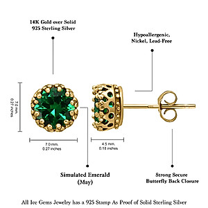 Yellow Gold Flashed Sterling Silver Simulated Emerald Crown Stud Earrings