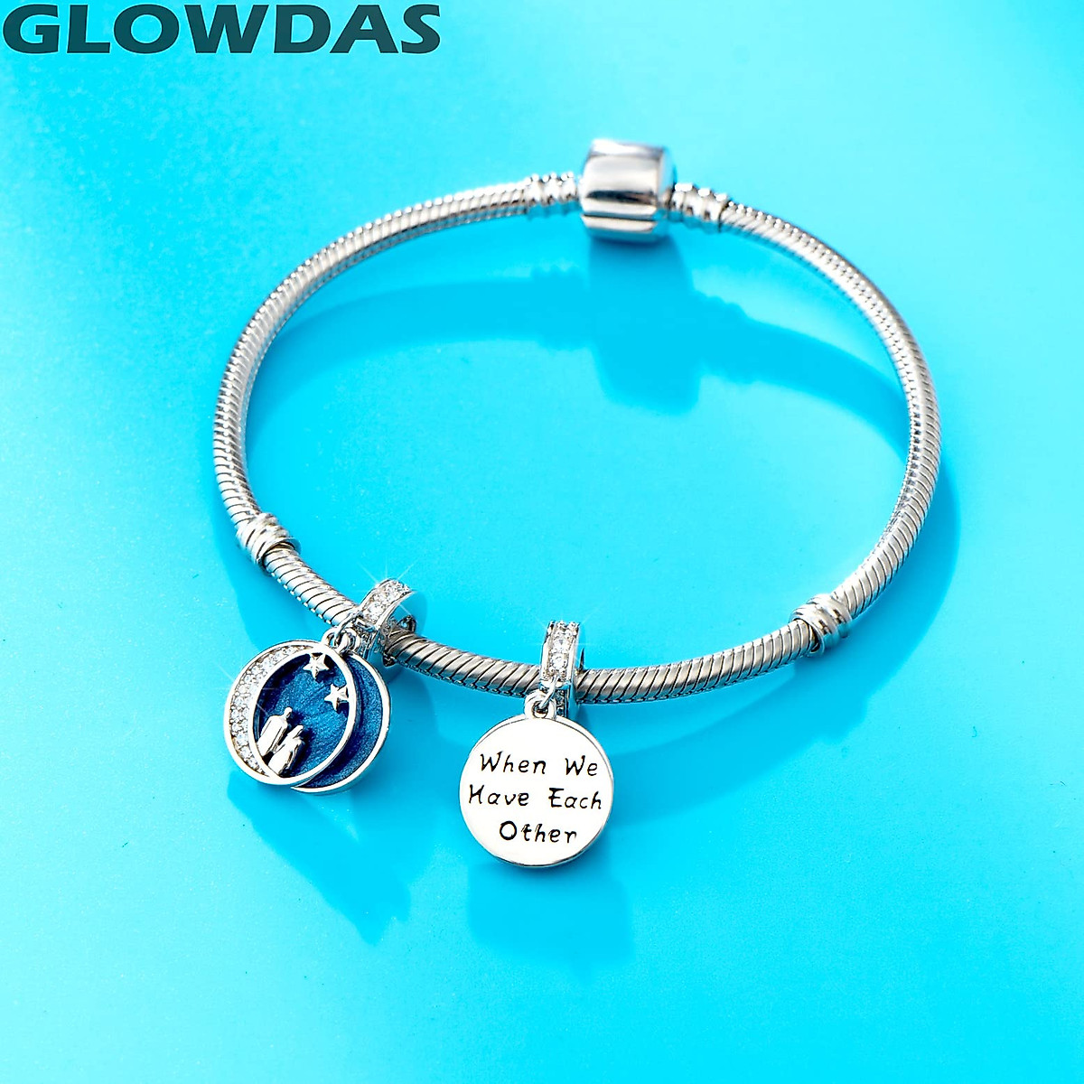 Couple Lover Under Night Sky Crescent Moon Stars Charms, fits Pandora Valentines Day Bracelet, Sterling Silver Blue Enamel Pendant Beads, Gifts for Wife/Girlfriend Boyfriend