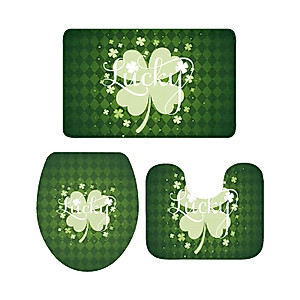 Bath Rugs for Bathroom Set 3 Piece St. Patrick's Day Lucky Shamrocks Clovers Green Diamond Plaid Non-Slip Washable Memory Foam Absorbent Bath Mat Rugs,U-Shaped Toilet Floor Mats,Toilet Lid Cover